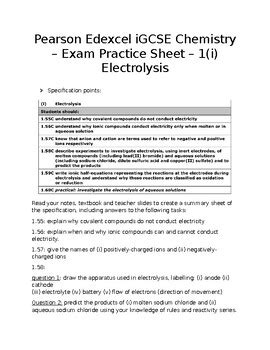 Pearson Edexcel IGCSE Chemistry I Electrolysis Exam Practice Sheet