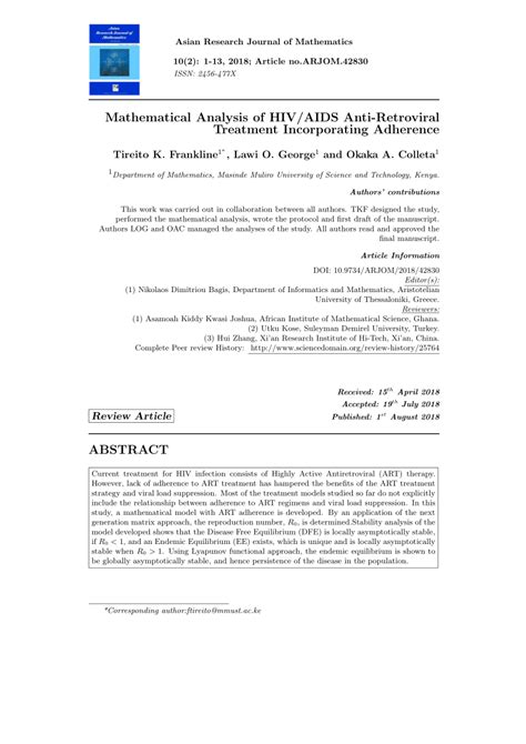 Pdf Mathematical Analysis Of Hivaids Anti Retroviral Treatment Incorporating Adherence
