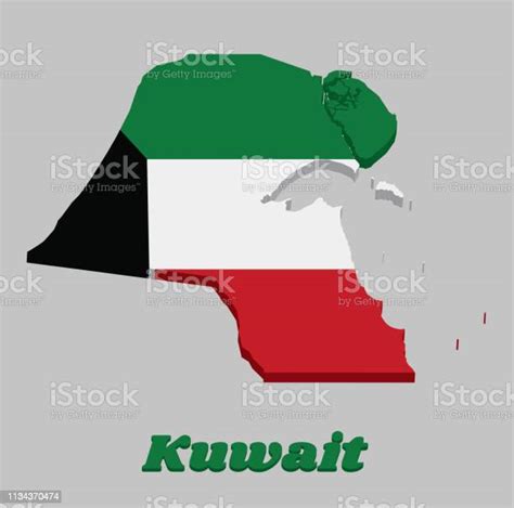 3d 지도 개요와 쿠웨이트의 국기 녹색 흰색과 빨간색의 수평 트라이 밴드 호 이스트 측을 기준으로 한 검은색 사다리꼴 3차원 형태에 대한 스톡 벡터 아트 및 기타 이미지