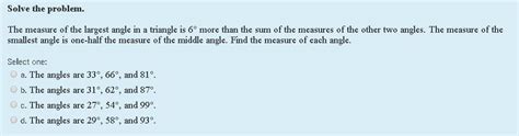 solved solve the problem the measure of the largest angle