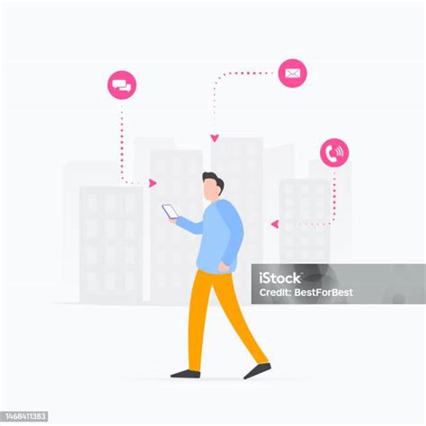 휴대 전화를 사용하여 연결 상태를 유지하는 도시 전문가 도시 풍경 배경 메시징 아이콘은 이메일 문자 전화를 통해 즉각적인 커뮤니케이션을 보여줍니다 이동 중에도 연결 상태를