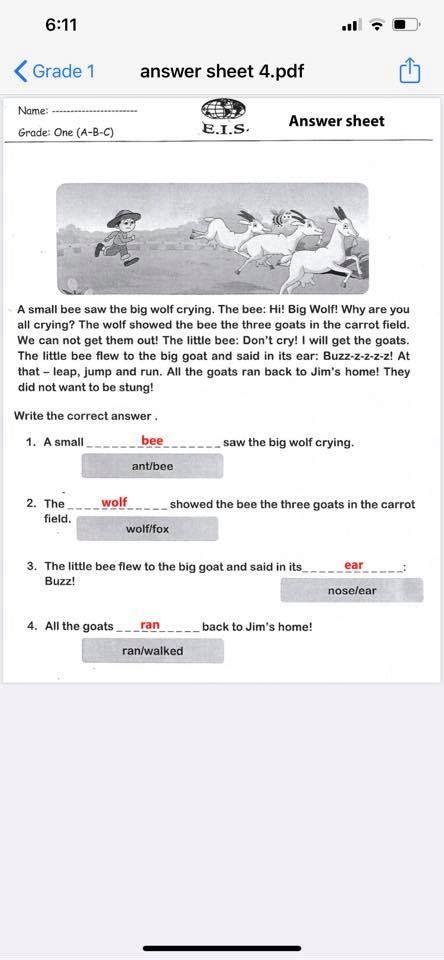 Grade 1 Week 4 Answers English International School