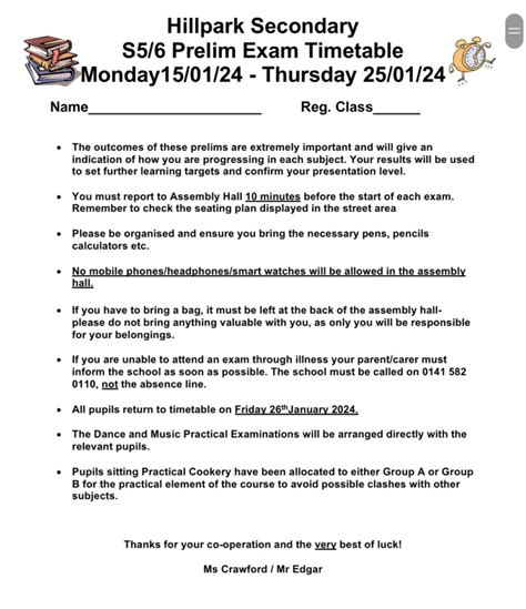 Prelim Exam Timetables Hillpark Secondary