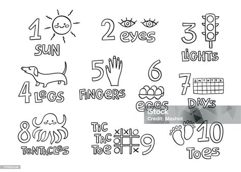 숫자와 카운트 연습 인쇄 포스터 유치원 유치원 아이들을위한 워크 시트 윤곽이 있는 숫자 플래시 카드 아이들을위한 색칠 하기 페이지 0명에 대한 스톡 벡터 아트 및 기타