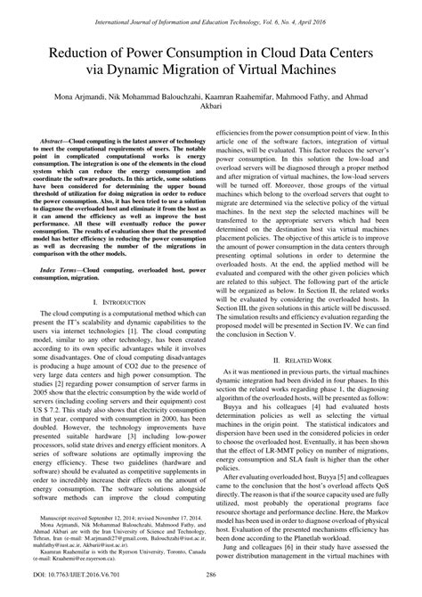 Pdf Reduction Of Power Consumption In Cloud Data Centers Via Dynamic Migration Of Virtual Machines
