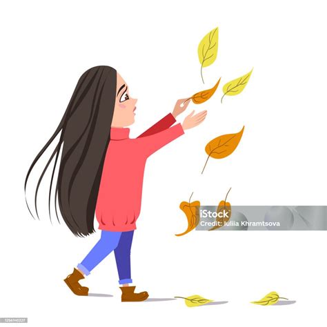 떨어지는 나뭇잎에서 춤추는 소녀의 벡터 플랫 일러스트 빨간 스웨터를 입은 검은 머리의 소녀 계절의 가을 인사 스톡 일러스트레이션