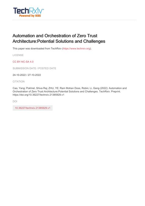 Pdf Automation And Orchestration Of Zero Trust Architecture Potential Solutions And Challenges