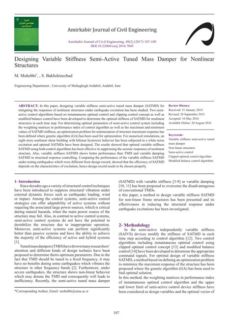 Pdf Designing Variable Stiffness Semi Active Tuned Mass Damper For Nonlinear Structures