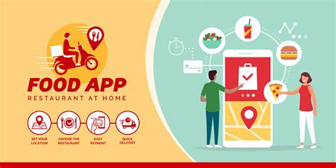 스마트 폰에서 온라인으로 음식을 주문 하는 행복 한 사람들 배달에 대한 스톡 벡터 아트 및 기타 이미지 배달 음식 레스토랑 Istock