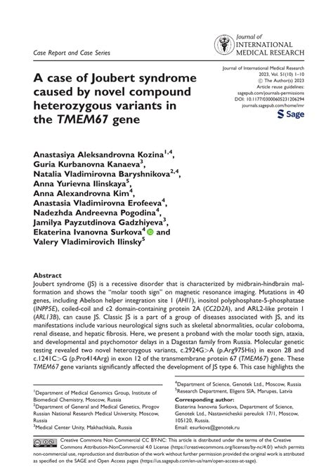 Pdf A Case Of Joubert Syndrome Caused By Novel Compound Heterozygous Variants In The Tmem67 Gene
