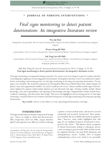 Pdf Vital Signs Monitoring To Detect Patient Deterioration An Integrative Literature Review