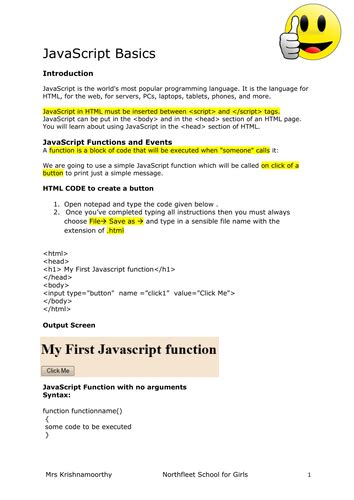 Javascript Helpsheets Teaching Resources