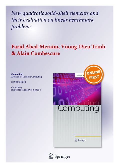 Pdf New Quadratic Solidshell Elements And Their Evaluation On Linear Benchmark Problems