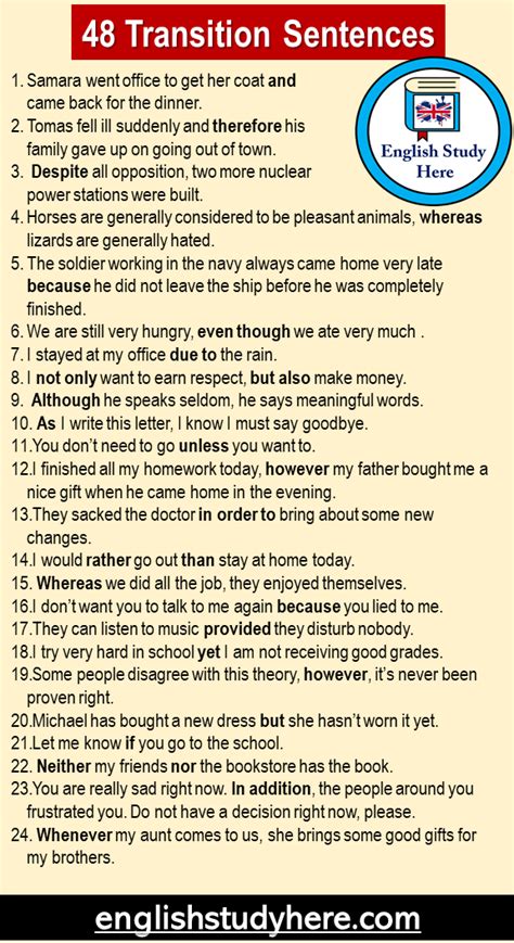 48 Transition Sentences In English Transition Words And Example Sentences English Study Here