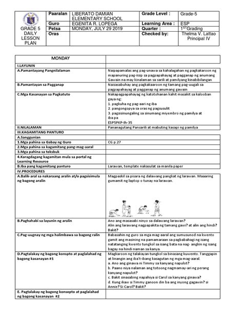 Grade 5 Esp Lesson Plan Pdf