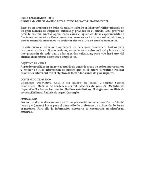 Programa MÓdulo Ii Curso Manejo EstadÍstico De Datos Usando Excel Pdf
