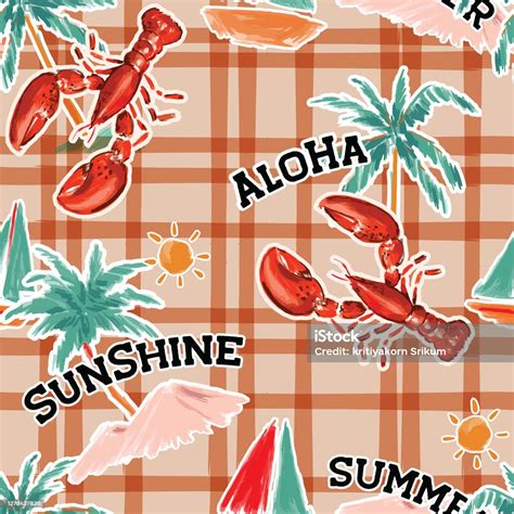 트레디 핸드 그린 재미 비치 섬 랍스터 바다 여름 요소 레이어 라인 체크 원활한 패턴 패션 직물 직물 섬유 벽지 표지 웹 포장디자인 갈고리 발톱에 대한 스톡 벡터 아트 및