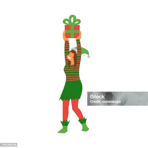 벡터 일러스트 레이 션 포장 된 선물 상자를 들고 녹색 및 빨간색 줄무늬 복장에 여성 엘 프 꼬마 요정에 대한 스톡 벡터 아트 및 기타 이미지 Istock