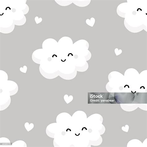 회색 배경에 귀여운 구름과 마음과 원활한 패턴 어린이 용 직물 및 포장 용 장식품 플랫 스타일 벡터 구름에 대한 스톡 벡터 아트 및 기타 이미지 Istock