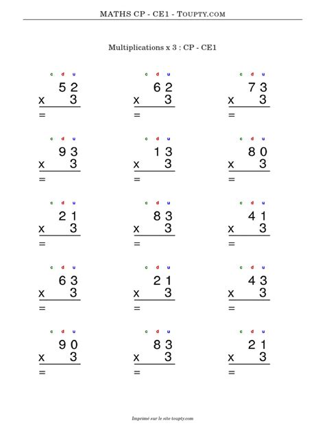 Multiplication Cp Ce1 X3 Technique 2 Fiche 1 Pdf