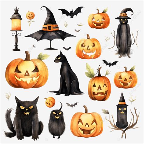 수채화 할로윈 세트 호박의 검은 실루엣 마녀 고양이 Png 일러스트 및 이미지 에 대한 무료 다운로드 Pngtree