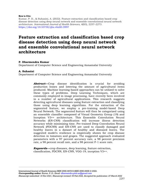 PDF Feature Extraction And Classification Based Crop Disease Detection Using Deep Neural