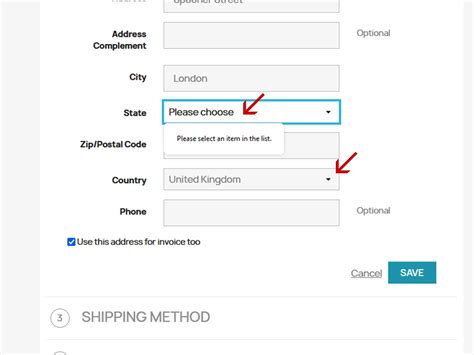 checkout showing us state selector for united kingdom customers configuring and using