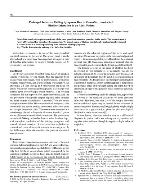 Pdf Prolonged Irritative Voiding Symptoms Due To Enterobius Vermicularis Bladder Infestation