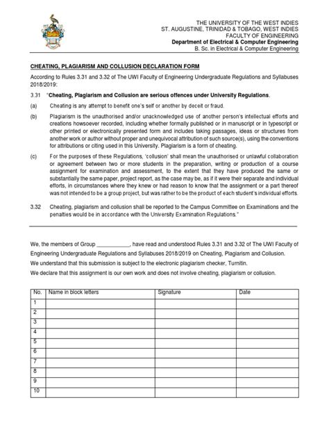 Cheating Plagiarism And Collusion Declaration Form Group Aug 30 2018 Pdf Plagiarism