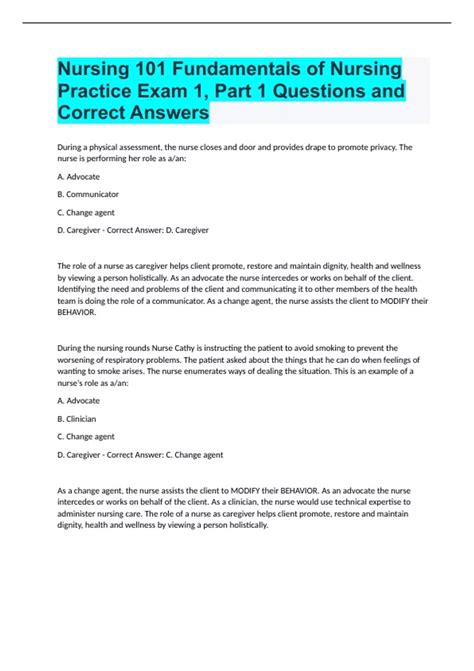 Nursing 101 Fundamentals Of Nursing Practice Exam 1 Part 1 Questions And Correct Answers Lpn