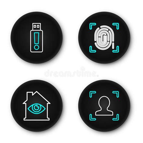 Set Line Face Recognition House With Eye Scan Fingerprint And Usb Flash Drive Icon Vector