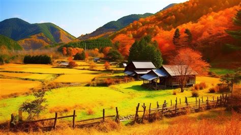 일부 집과 산이 있는 가을의 풍경 가을 시골 풍경 9월 고화질 사진 사진 공장 배경 일러스트 및 사진 무료 다운로드 Pngtree