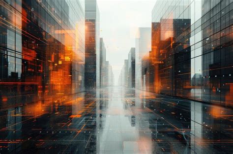 추상적인 야간 도시 풍경 배경 스마트 시티 Ai 및 디지털 트랜스포메이션 개념 더블 노출 프리미엄 사진