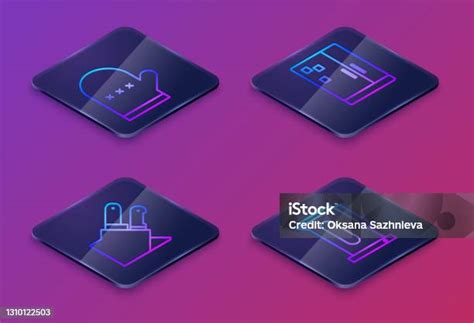 손잡이가 있는 등각형 라인 오븐 장갑 나이프 냉장고 및 주전자를 설정합니다 파란색 정사각형 버튼 벡터 3차원 형태에 대한 스톡 벡터 아트 및 기타 이미지 Istock