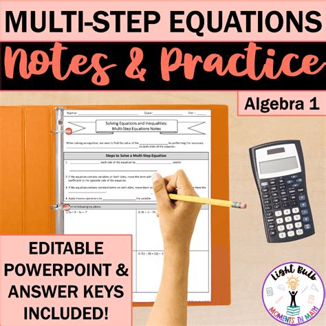 Multi Step Equations Guided Notes And Worksheet Editable Light Bulb