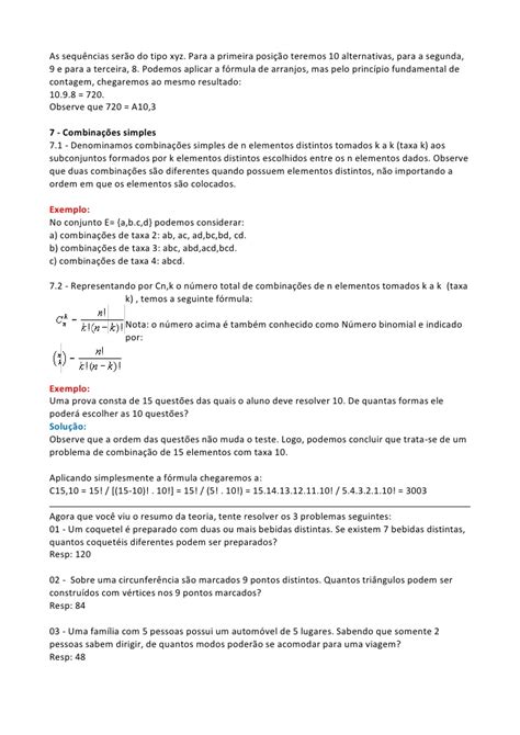 Lista De AnÁlise CombinatÓria Com Resumo E Alguns ExercÍcios Resolvidos Atividades De Matemática