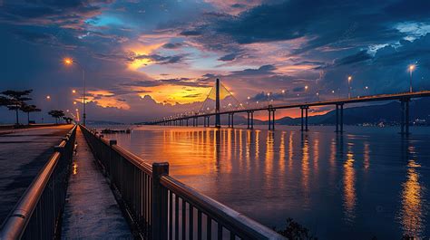 Sun Rise At Penang Second Bridge Background Bridge Landmark