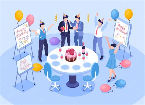 직장 기호 아이소메트릭 그림에서 축 하와 함께 생일 사무실 축 하 개념 무료 벡터
