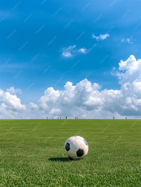 Soccer Ball On Green Grass Field Under Blue Sky With Clouds A Classic