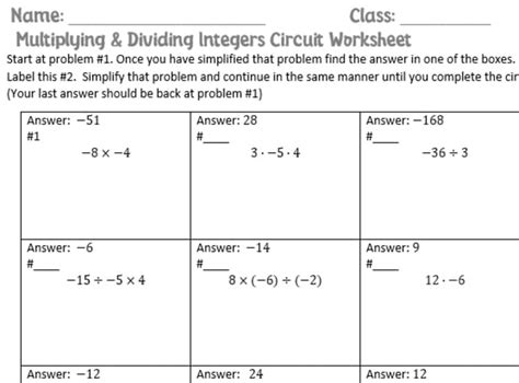 Multiplying And Dividing Integers Circuit And Digital Self Checking Worksheet