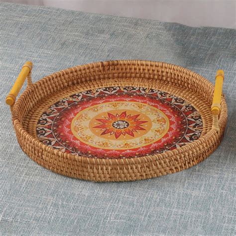 Badu Bg Тъкан кръгъл поднос ръчно изработена ратанова кошница за