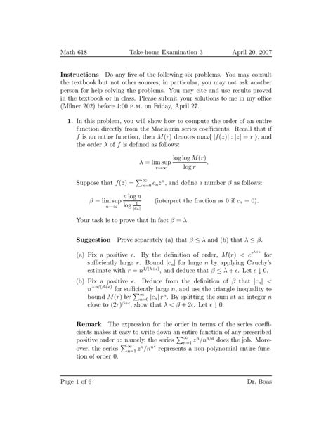 Take Home Examination 3 Complex Variables Ii Math 618 Docsity