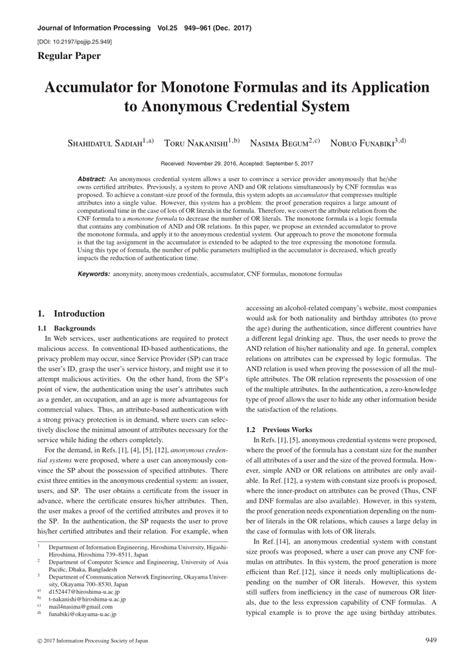 Pdf Accumulator For Monotone Formulas And Its Application To Anonymous Credential System