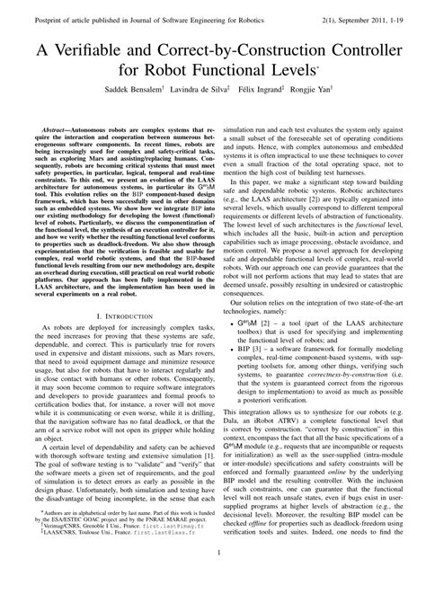Pdf A Verifiable And Correct By Construction Controller For Robot Functional Levels