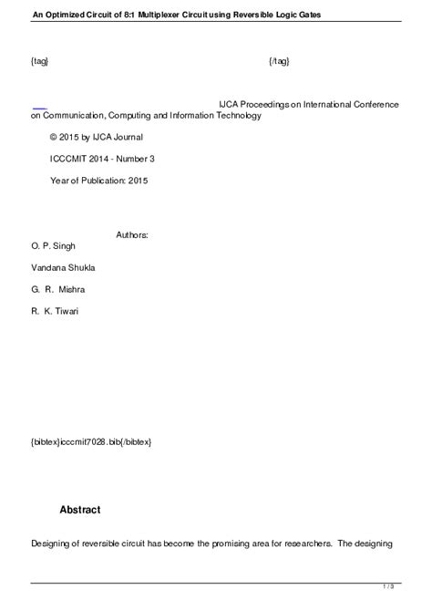 Pdf An Optimized Circuit Of 81 Multiplexer Circuit Using Reversible