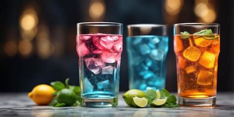 Refreshing Cold Drinks In Colorful Glasses On Marble Surface Premium Ai Generated Image