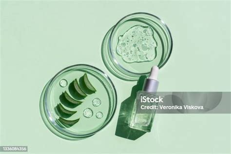 밝은 녹색 배경에 알로에 베라의 신선한 잎과 화장품 세럼과 실험실 유리 제품의 플랫 평지 메이크업 화장품에 대한 스톡 사진 및 기타 이미지 메이크업 화장품 아름다움