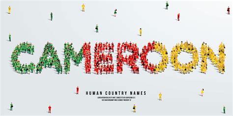 많은 사람들이 카메룬이라는 단어를 만들어 내고 서 있다 사람들 군중에서 만든 카메룬 플래그 흰색 배경에서 격리된 벡터 그림입니다 알파벳에 대한 스톡 벡터 아트 및 기타