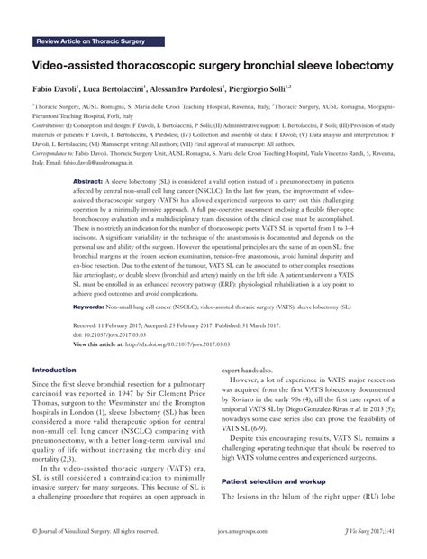 Pdf Video Assisted Thoracoscopic Surgery Bronchial Sleeve Lobectomy