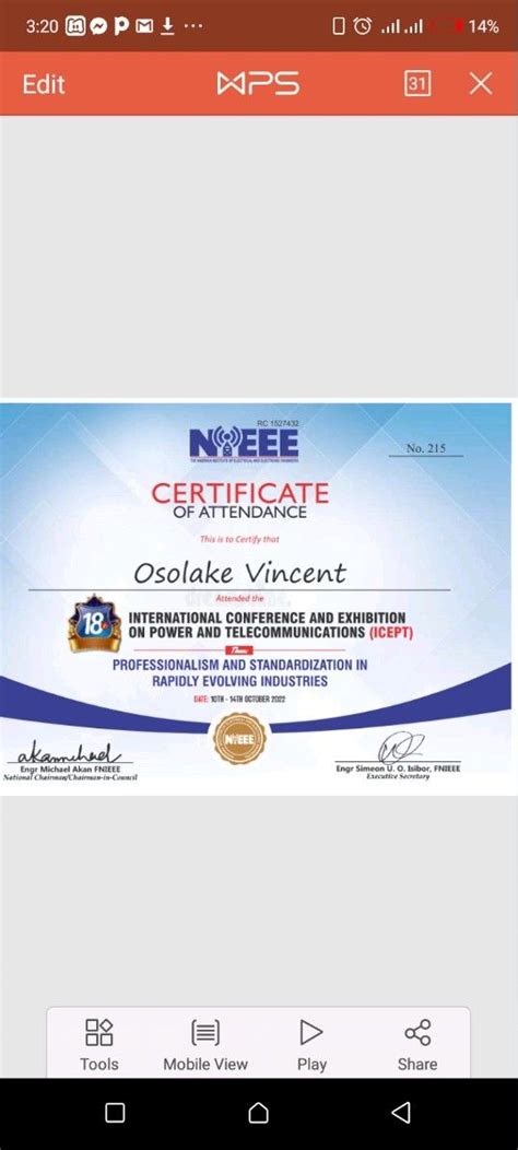 Certificate Of Attendance Of Nieee Conference Olusegun Obasanjo Library Abeokuta Engr